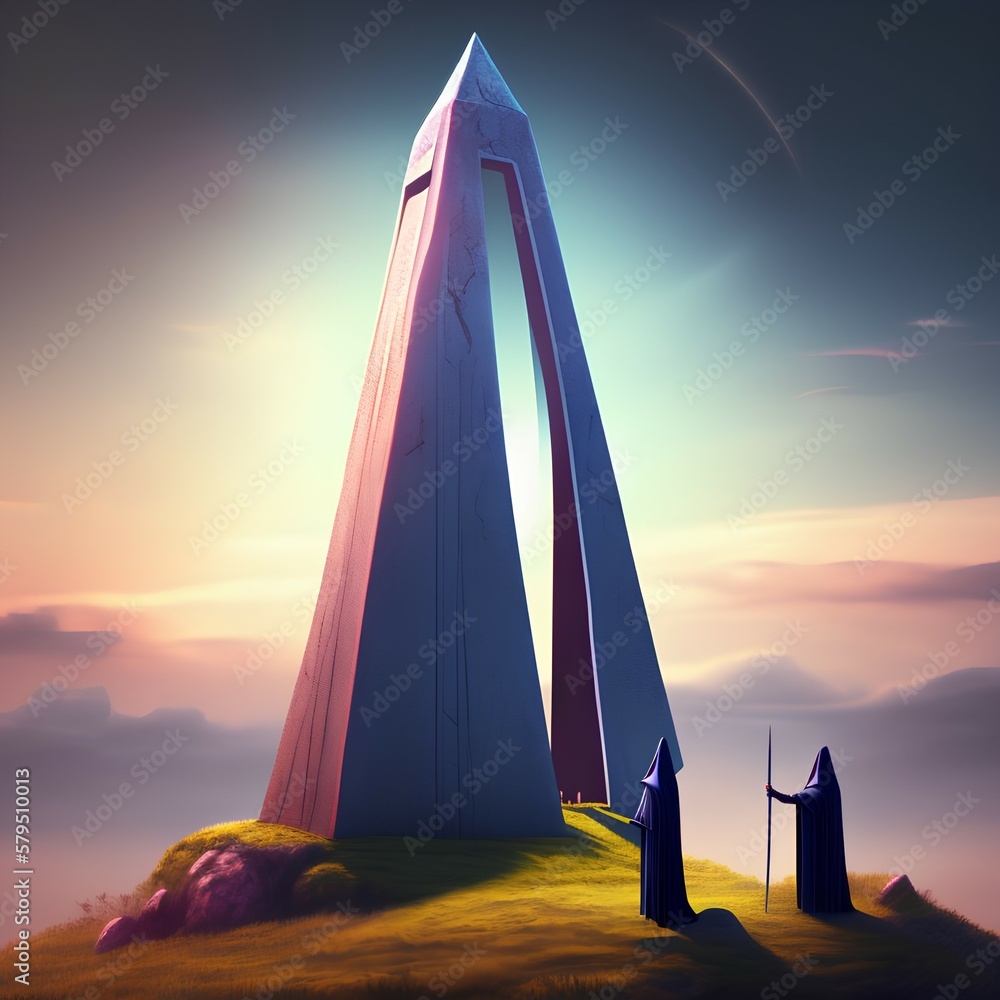 Digital painting of a sci-fi obelisk on a hill with a person wearing a ...