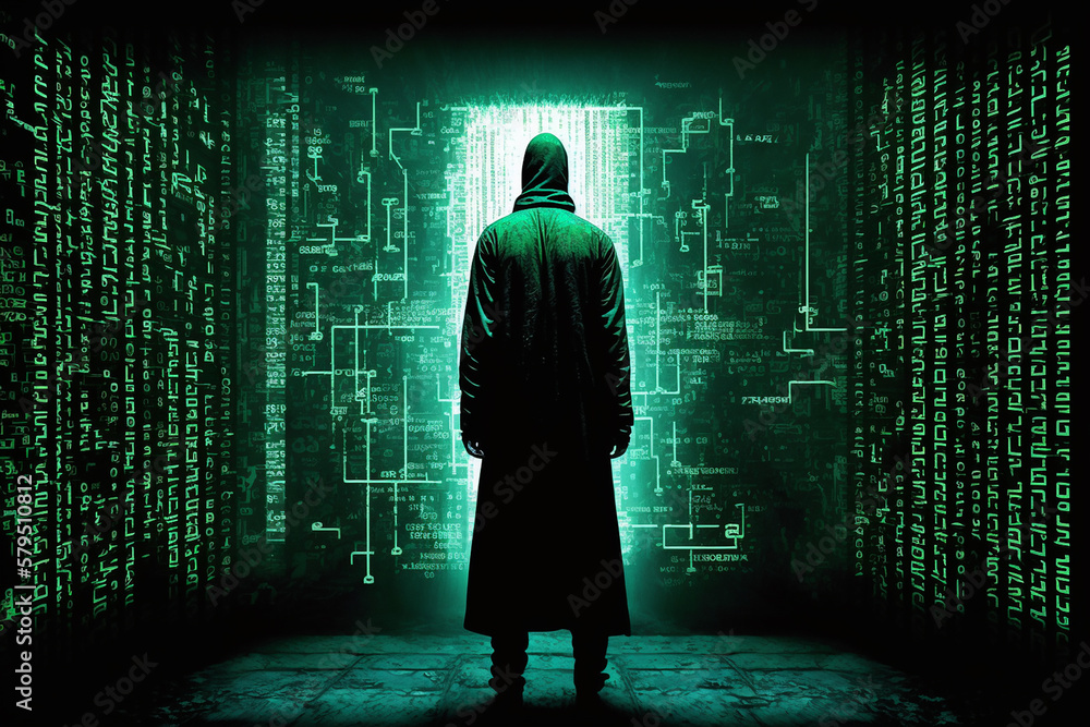 Matrix background with the green symbols, human person in the middle ...