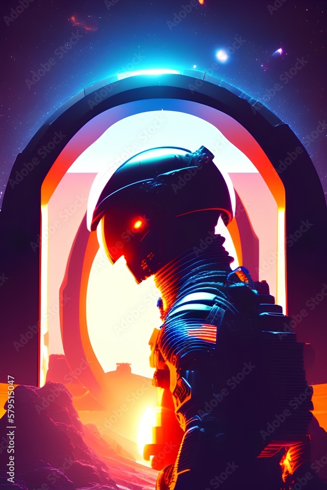 Futuristic space portal hero - 3D illustration of heroic military ...