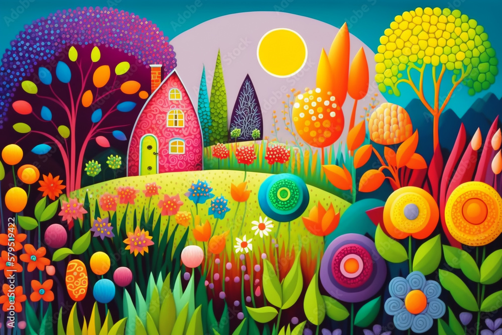 Cartoon Illustration of a beautiful spring season with houses, tree and ...