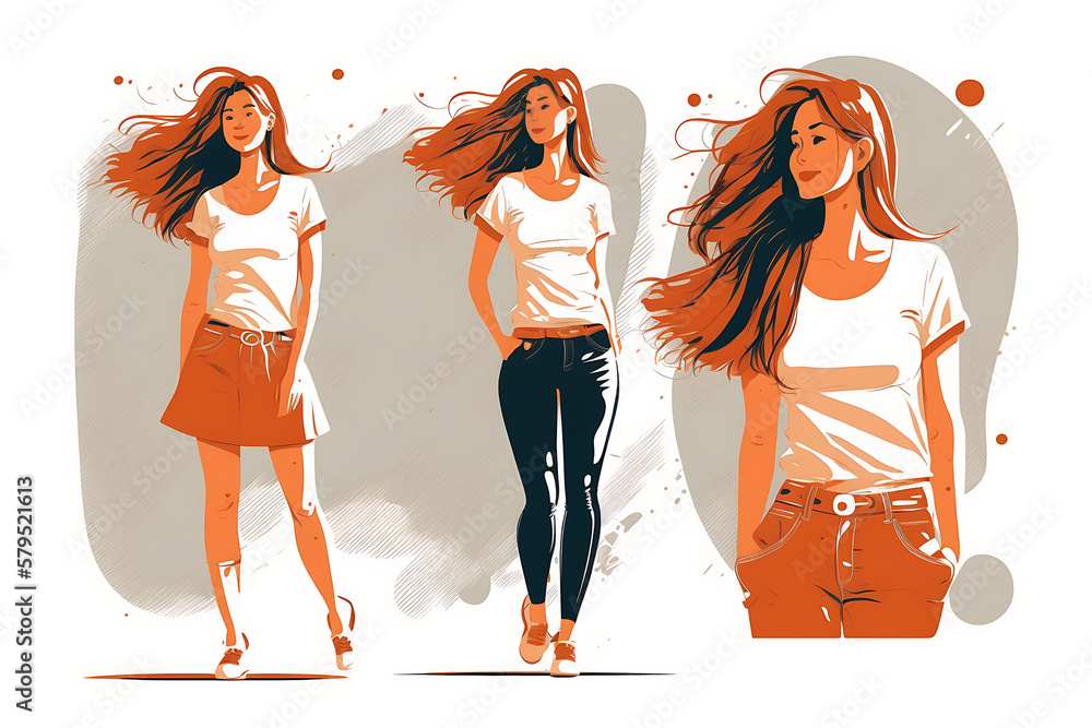 Flat vector illustration An attractive young woman poses isolated on ...