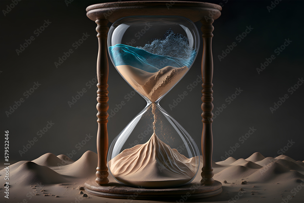 Hourglass with sand flowing through the sand. Generative AI technology ...