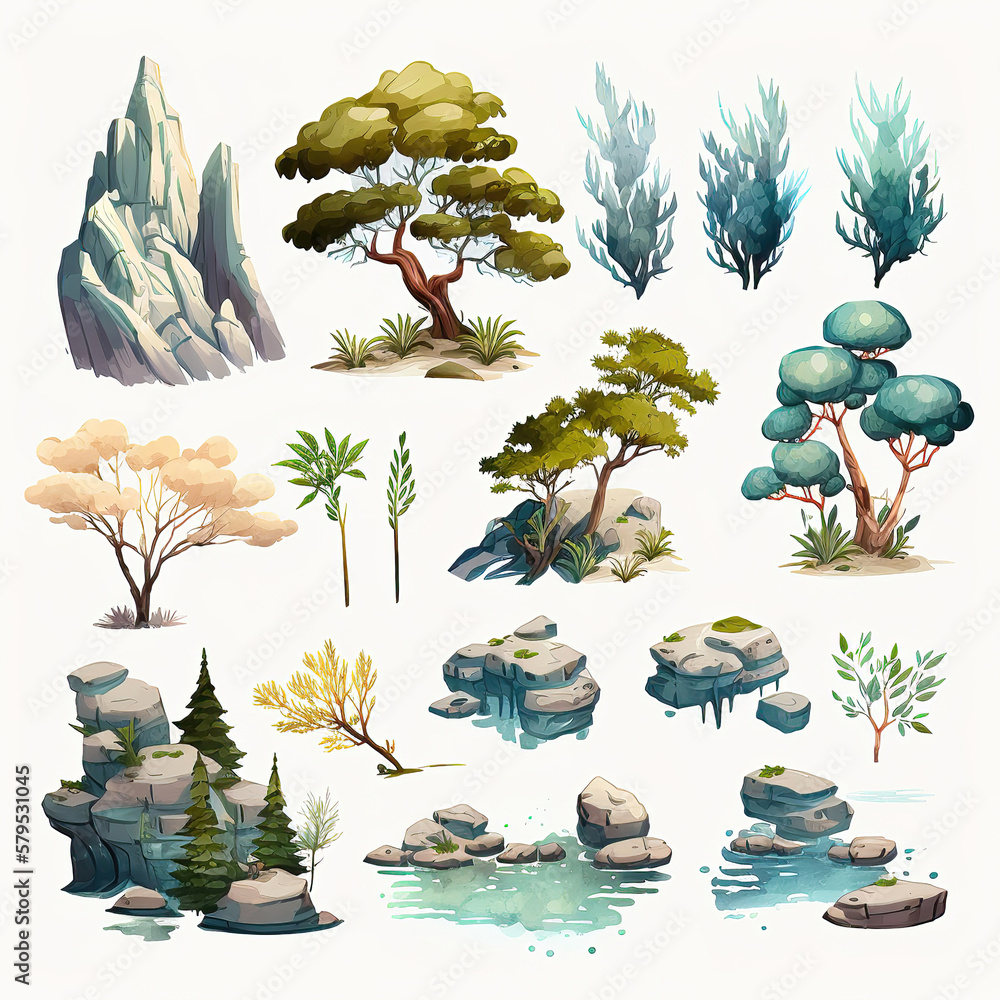 set of nature objects, nature game assets, trees, rocks, illustration ...