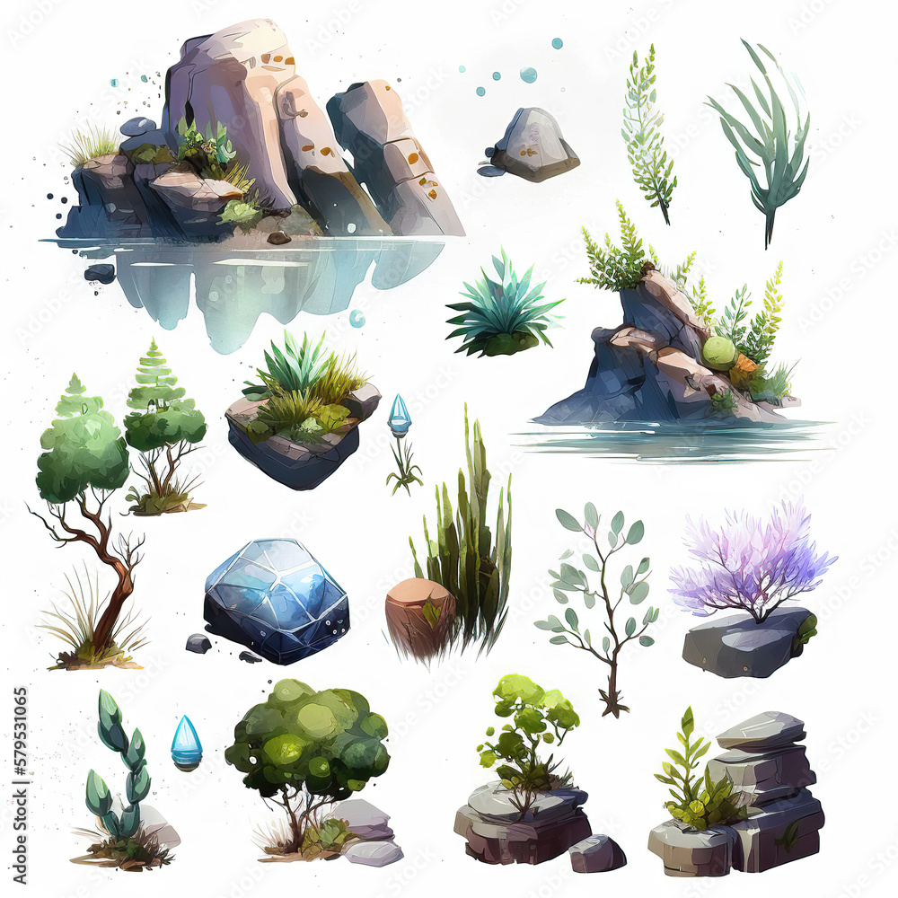 set of nature objects, nature game assets, trees, rocks, illustration ...