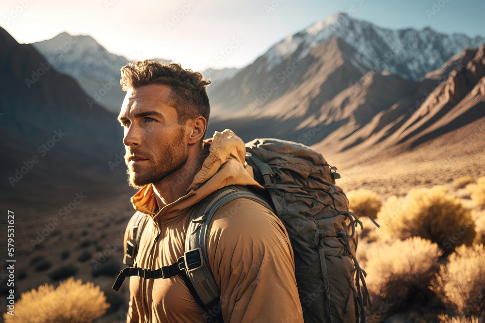 portrait of a handsome hiking man in mountains, generative ai Stock ...