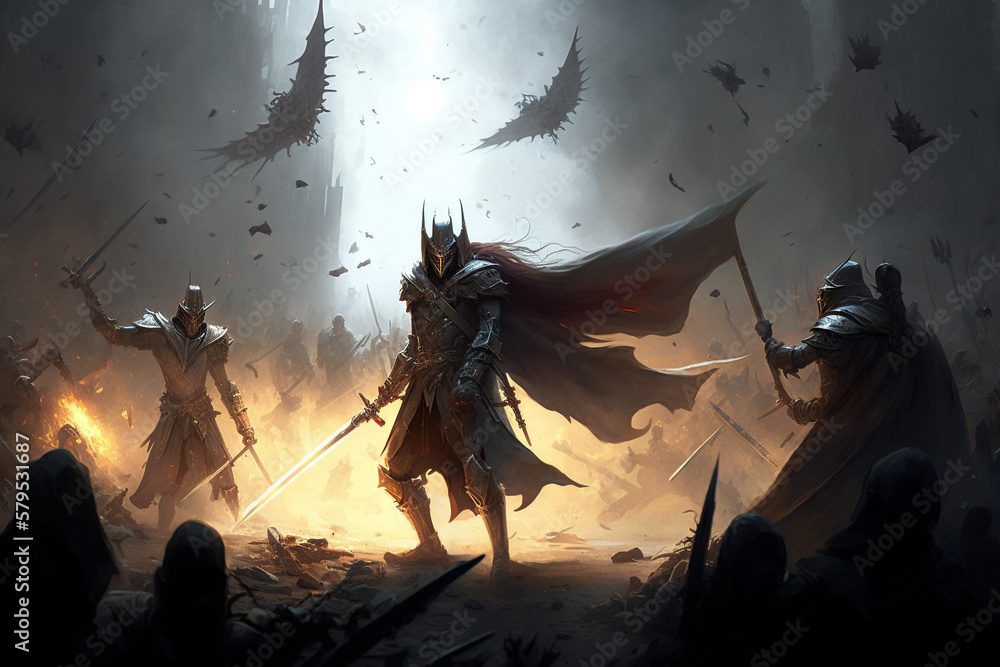ภาพประกอบสต็อก Epic battle scene,concept art piece that depicts a large ...