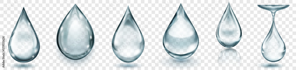 Set of realistic translucent water drops in gray colors in various ...