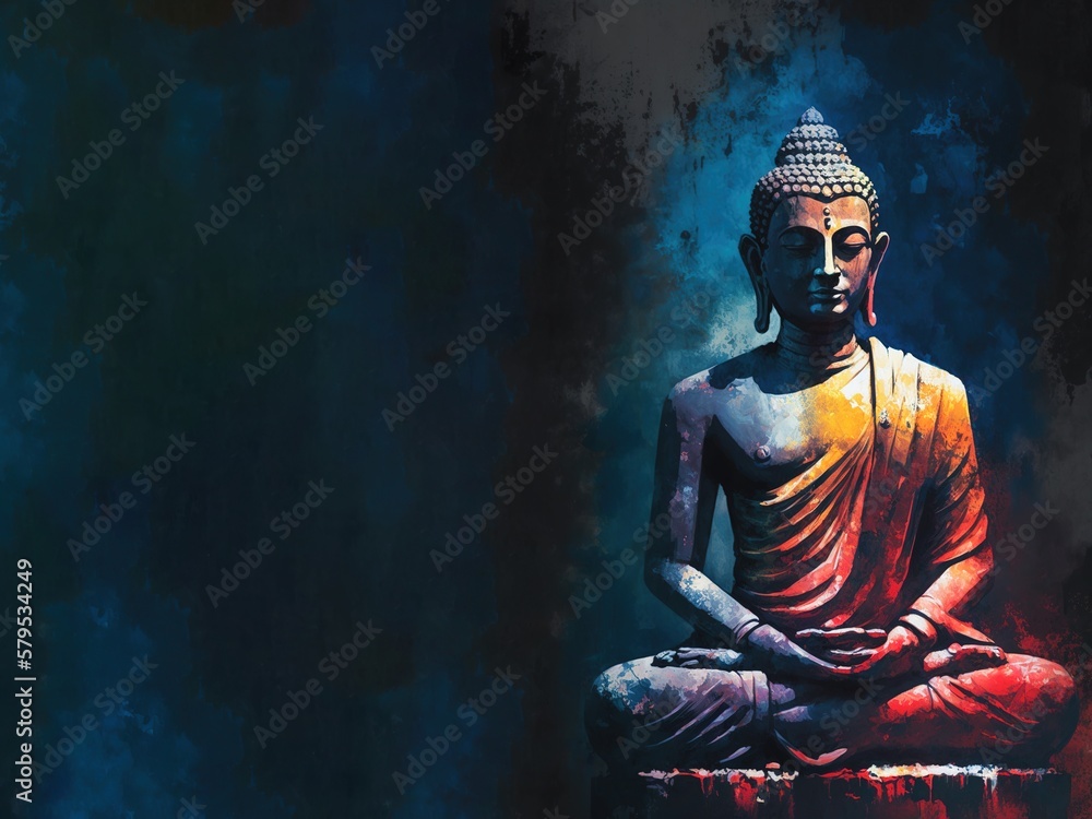 Illustration abstract banner of Mahavira statue over dark background ...