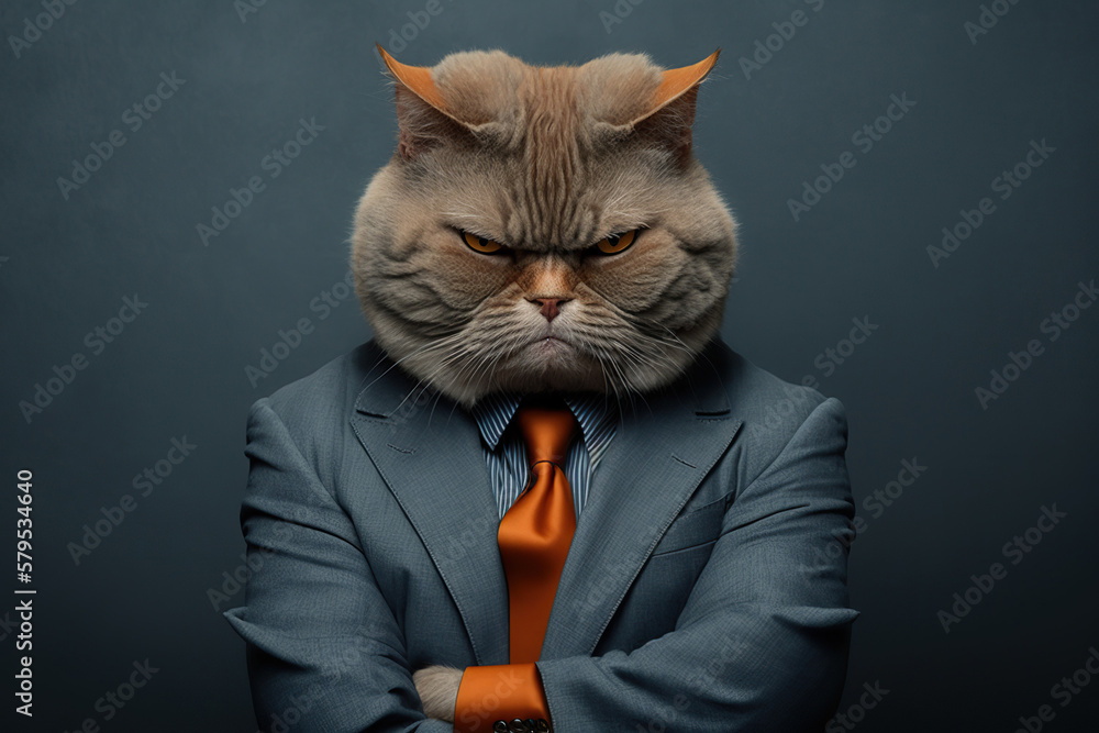 Studio portrait of a very angry cat who is dressed in human clothes ...