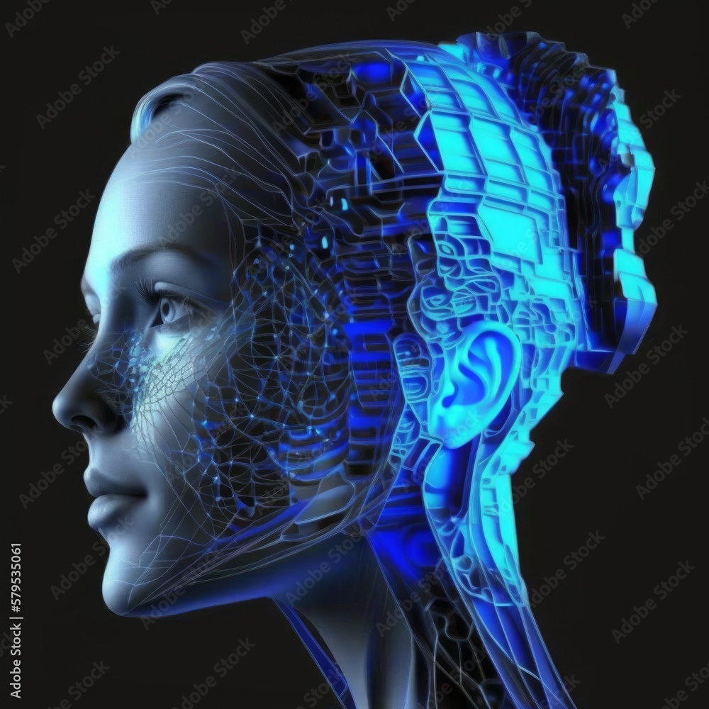 A profile of a blue wire mesh high tech face. Generative AI. Stock ...