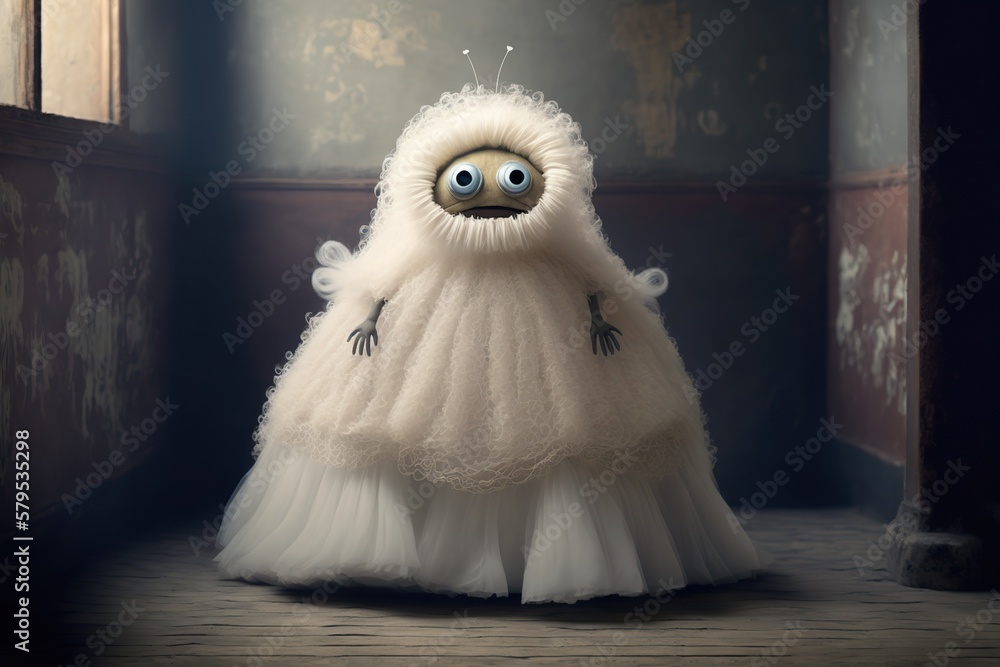 Charming fluffy pink monster in wedding dress, concept of Fantasy and ...