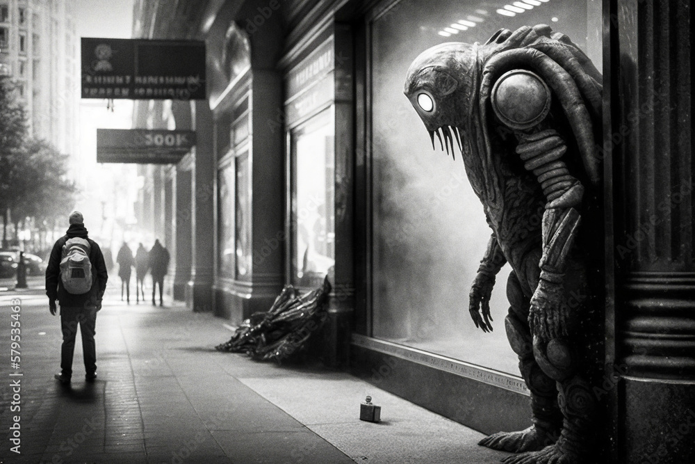 Dangerous street life in a futuristic alien city, an alien monster ...