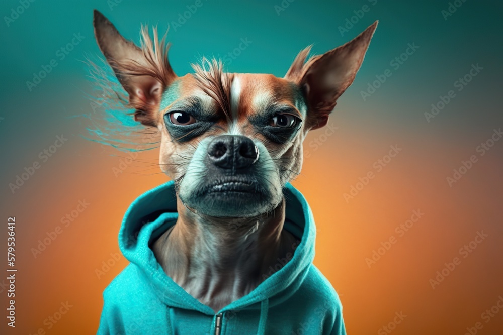 Studio portrait of a very angry furious dog who is dressed in human clothes, concept of Animal ...