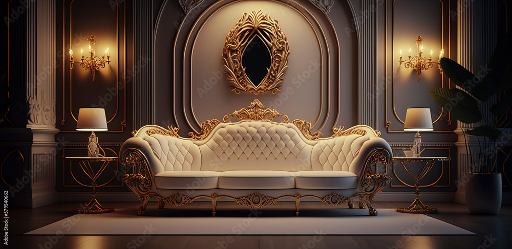 classic royal room with lights and sofa in white and gold AI-Generated ...