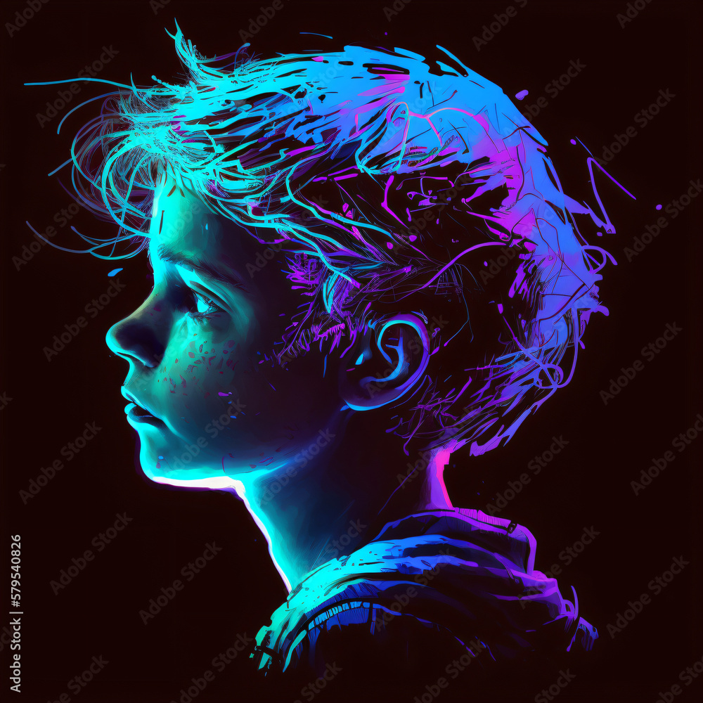 little boy face silhouette neon glowing light portrait isolated on a ...