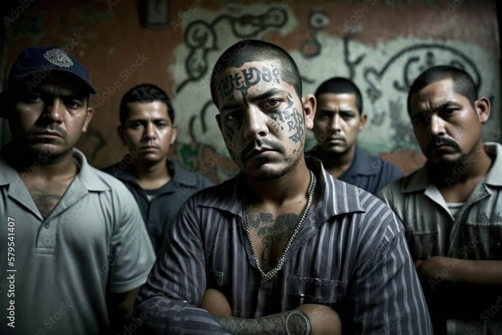 Leader and members of a street gang, the Maras, from El Salvador. Ai ...
