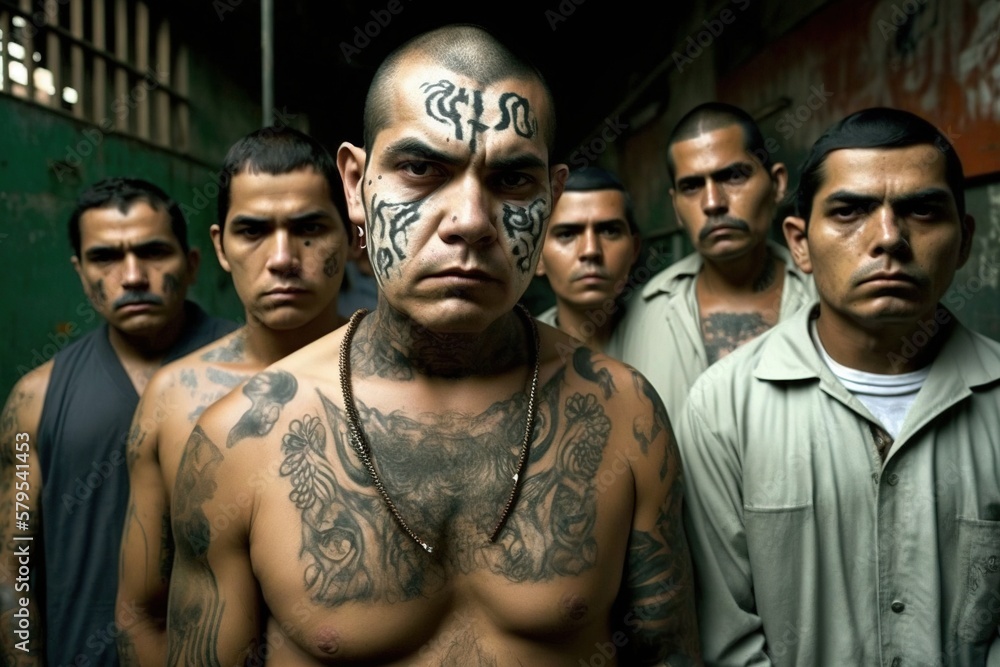 Leader and members of a street gang, the Maras, from El Salvador. Ai ...