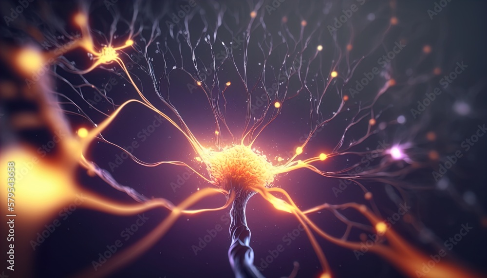 Firing neurons in the brain, bright neon colors and sparkles in 8K ...