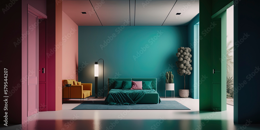 Render of minimalist living room interior with vivid color scheme AI ...