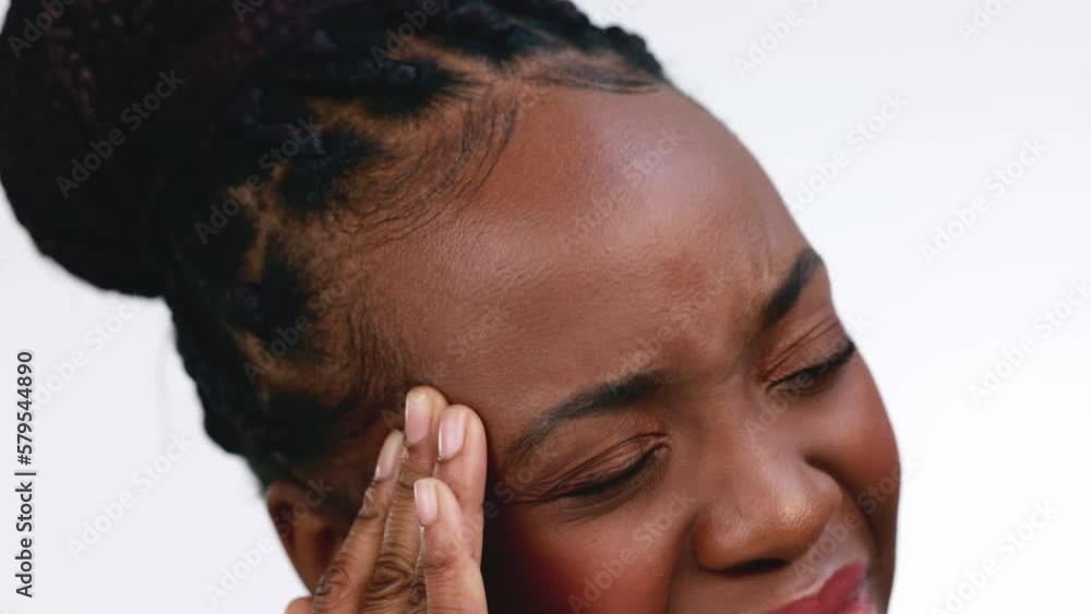 Closeup, headache and black woman with burnout, muscle tension and ...