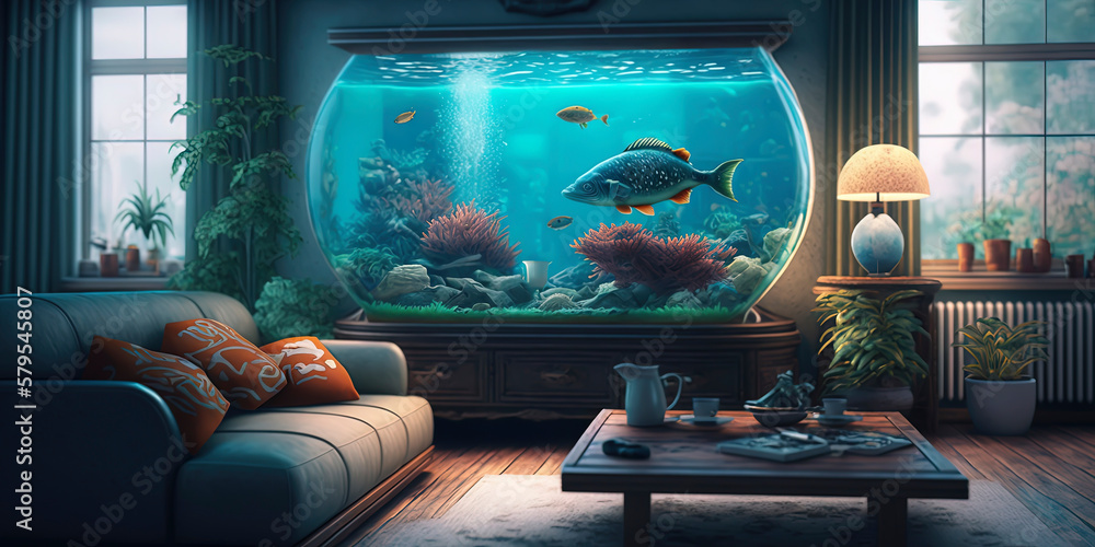 Transform a living room into an underwater oasis, using aquariums and ...