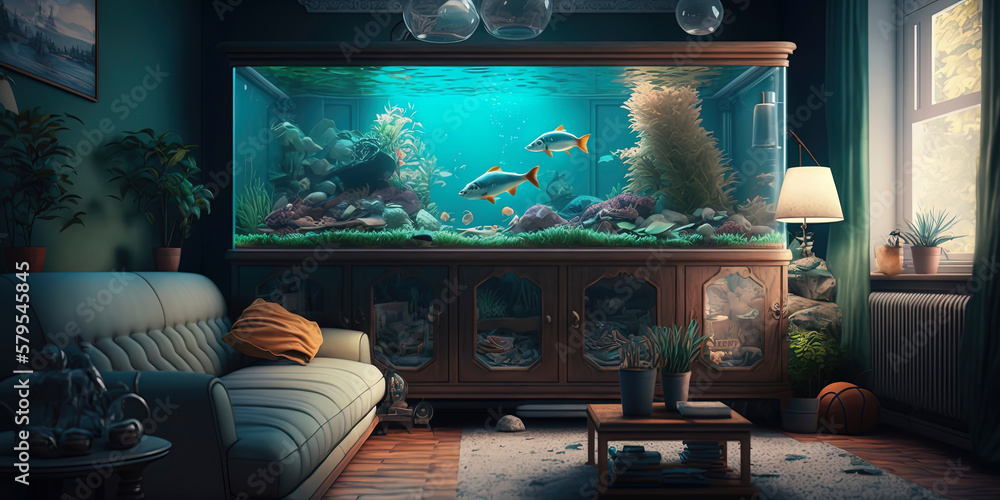 Transform a living room into an underwater oasis, using aquariums and ...