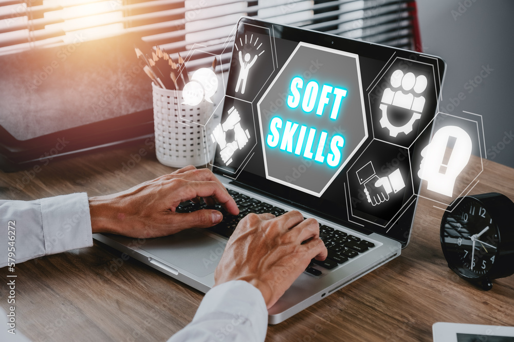 Soft skills training and improvement concept, Businessman working on ...