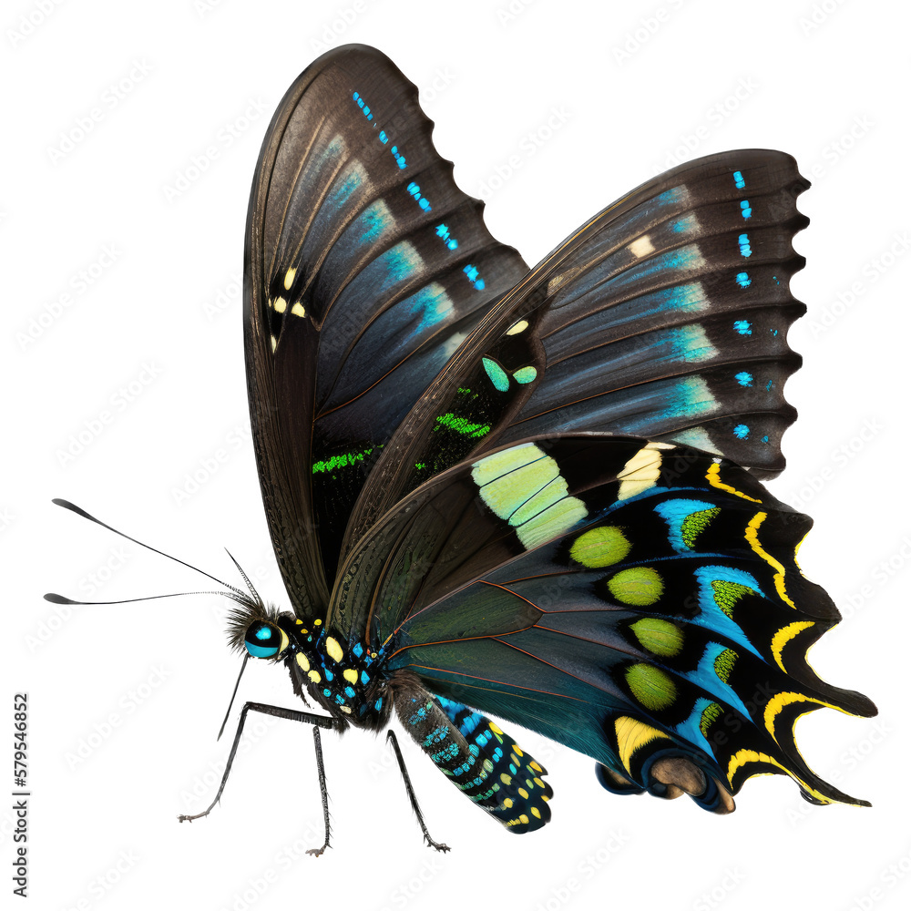 isolated turquoise, green, blue, black swallowtail butterfly, macro ...