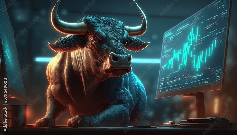 Cheering angry powerful Bull trading at computer as a concept of ...