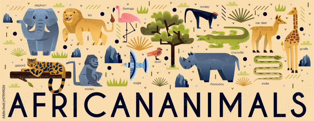 African animals set. Predators, birds, mammals and plants of savannah ...