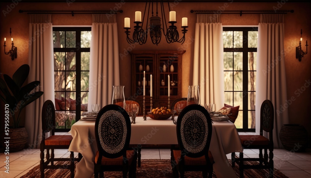 An African country dining room with a table, chairs with rush seats ...