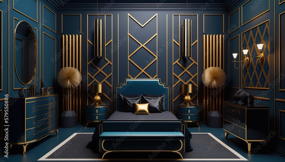 An Art Deco interior design bedroom with geometric patterns and bold ...