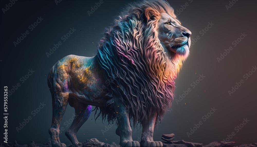 Lion neon isolated, phantasmal iridescent and psychedelic gradients in 8K created with ...
