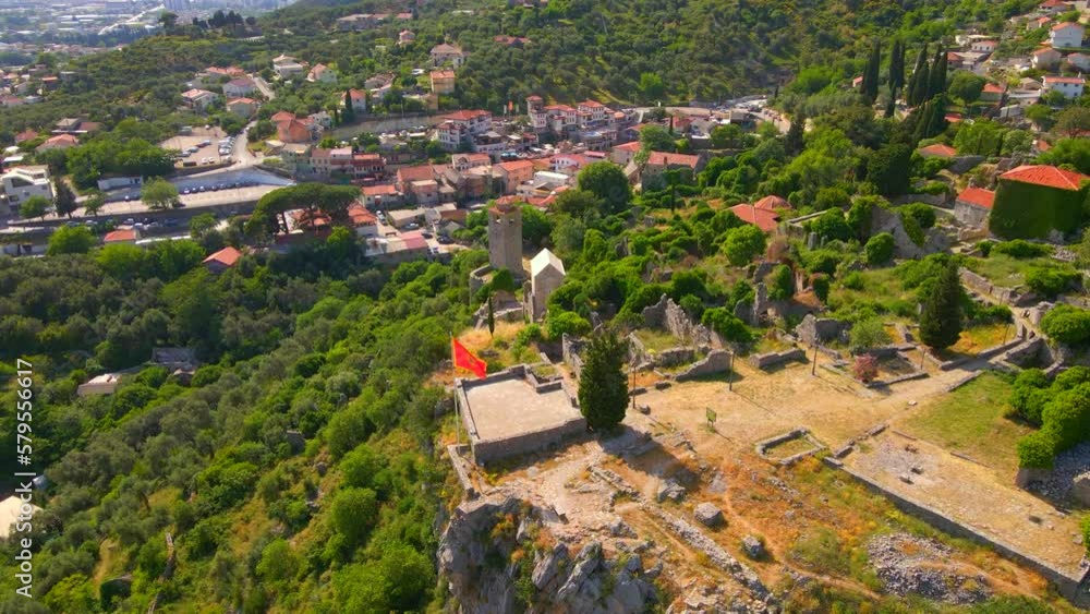 The drone captures a mesmerizing view of the ruins of Stari Bar ...