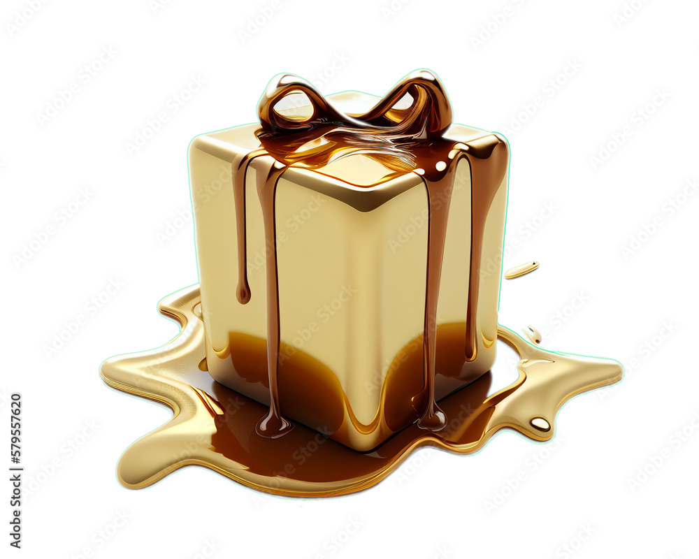 Gift with melting gold box and gold ribbon on isolated transparent ...