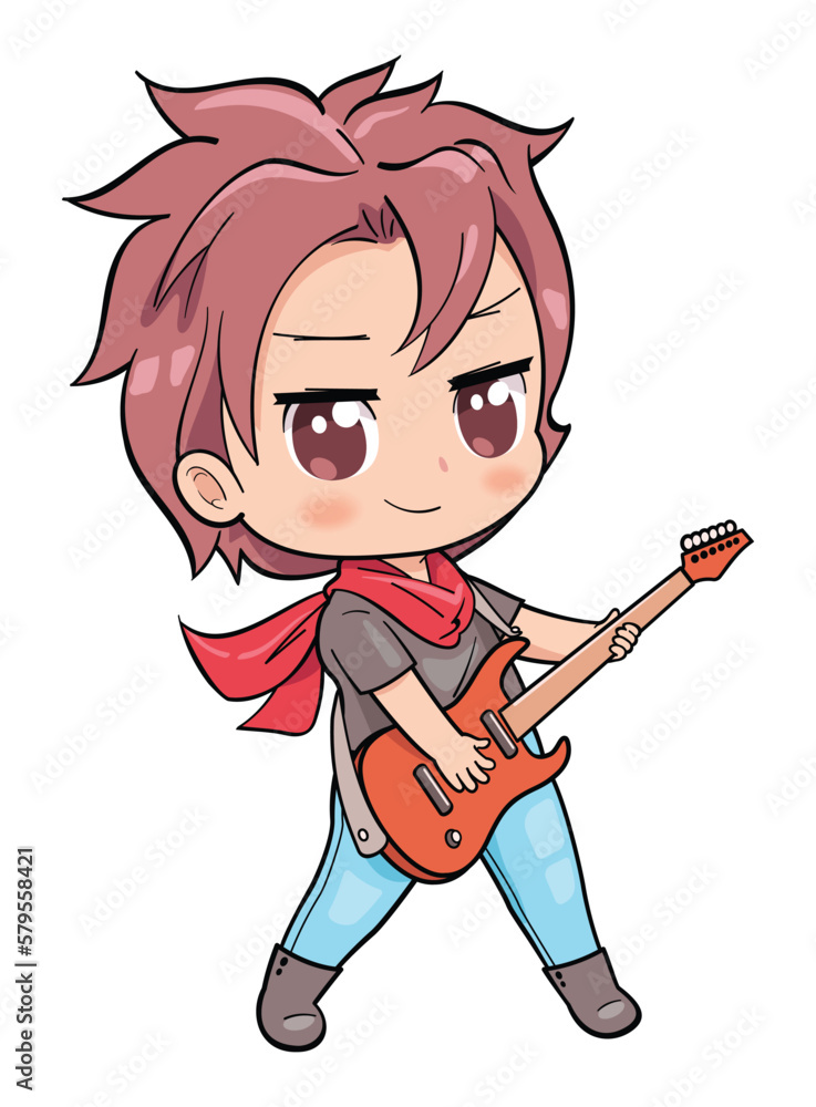 Cute chibi boy playing electric guitar, kawaii cartoon character ...