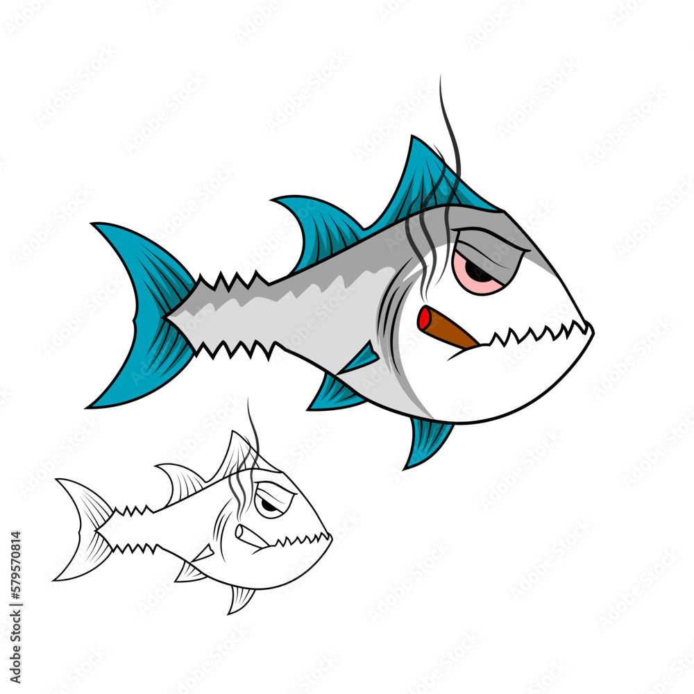 Shark fish with a cigar in mouth smoking fish thug vector cartoon ...