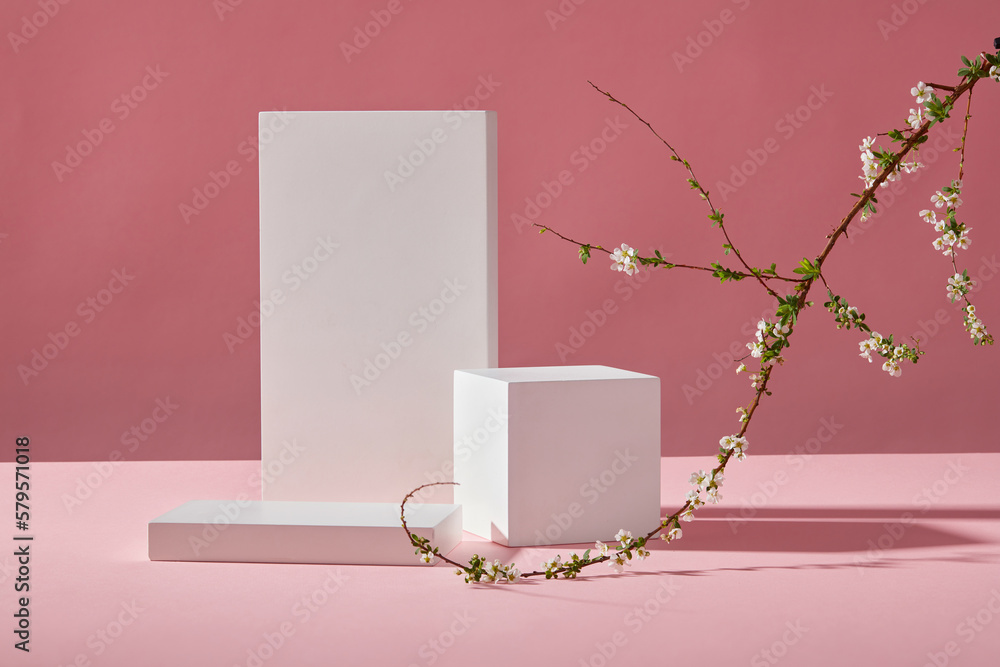 Abstract minimal scene - white empty podiums, two geometries and white ...
