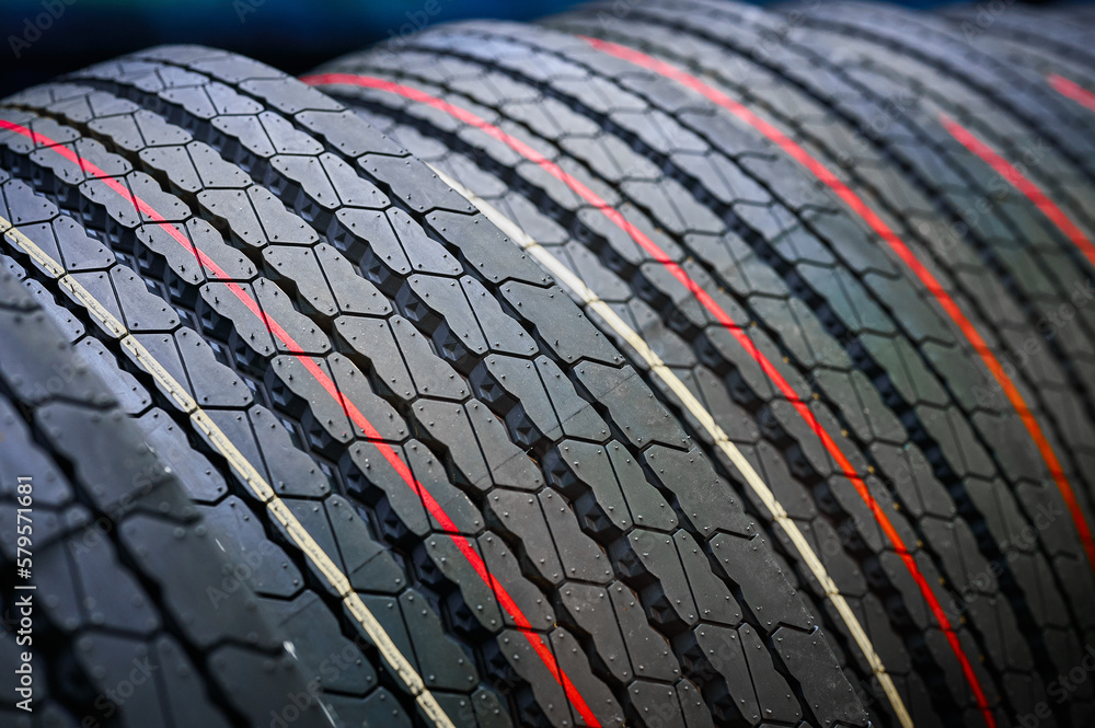 Stack of tires with markings red and yellow lines Stock Photo | Adobe Stock