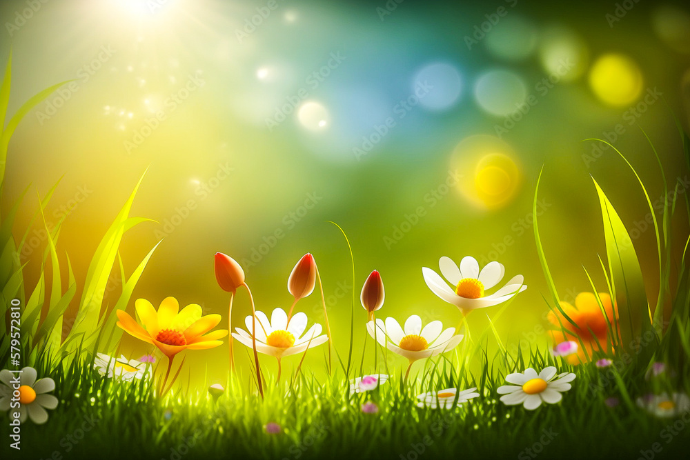 Paysage de printemps ensoleillé, arrière plan printanier avec herbe et ...