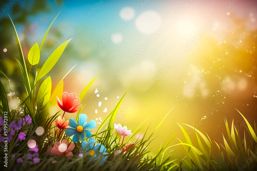 Paysage de printemps ensoleillé, arrière plan printanier avec herbe et ...