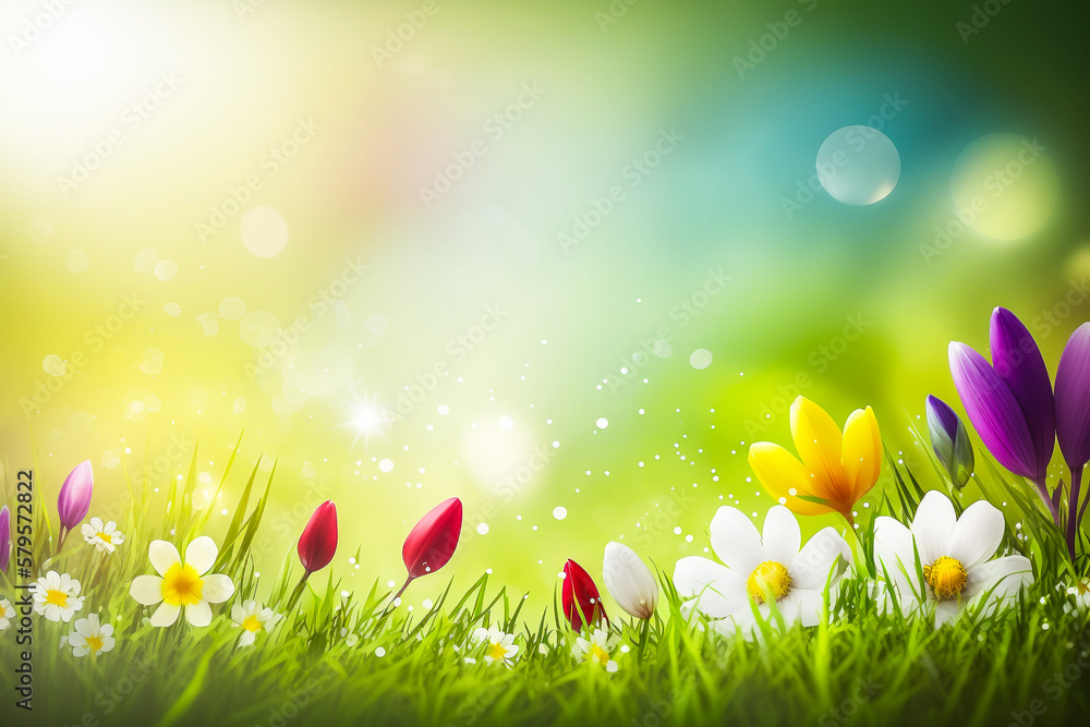 Paysage de printemps ensoleillé, arrière plan printanier avec herbe et ...