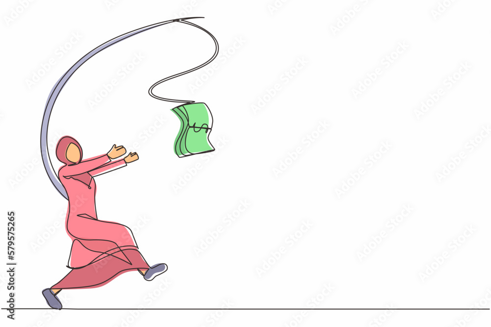 Single one line drawing greedy Arabian businesswoman or manager is ...