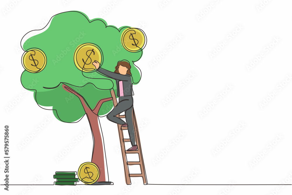 Continuous one line drawing businesswoman picking dollars from money ...