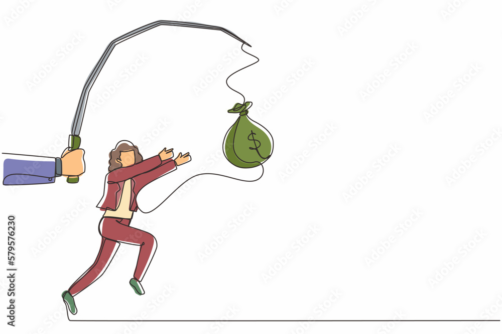 Single continuous line drawing hand with fishing pole and money bag ...