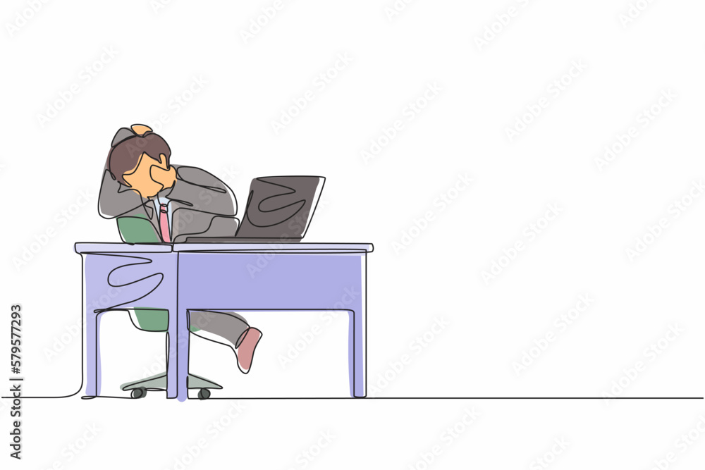 Single continuous line drawing scared man manager looking at laptop ...