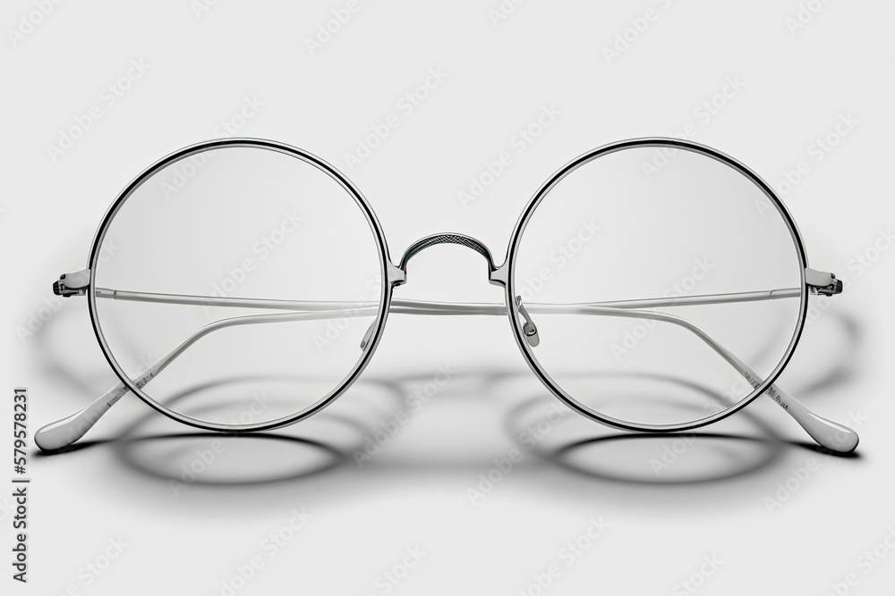 Silver circular wire frame eye glasses on white backdrop with shadows ...