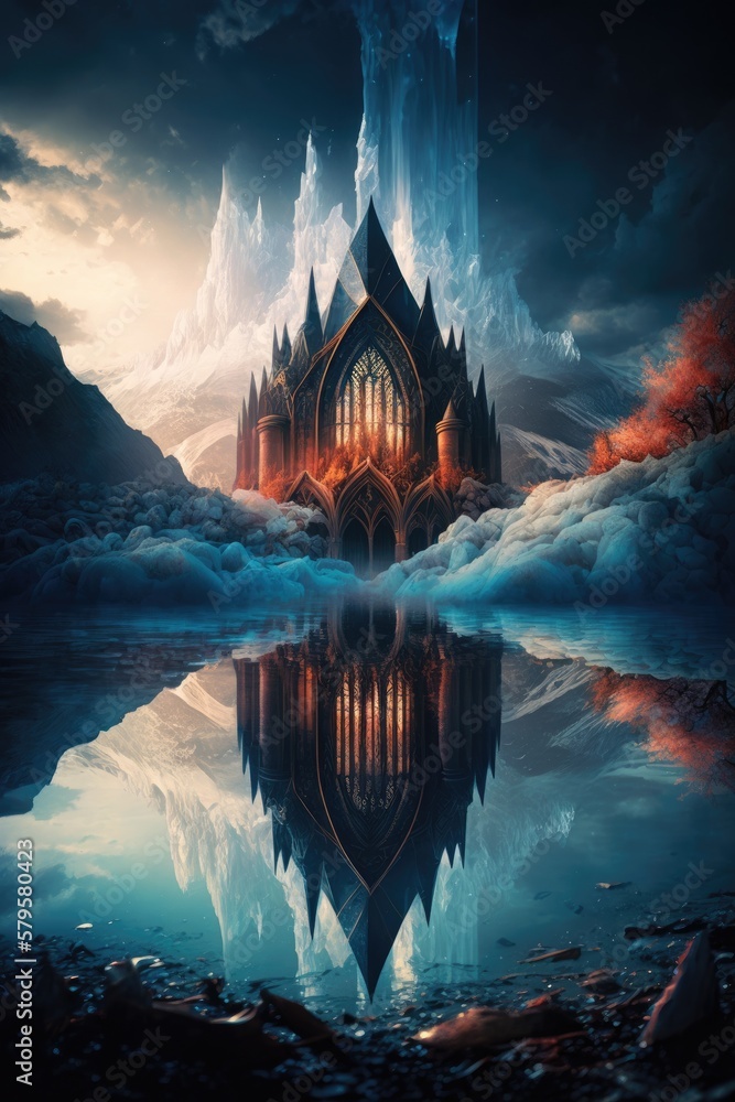 Futuristic alien planet palace. Temple on in a strange land. Glowing ...