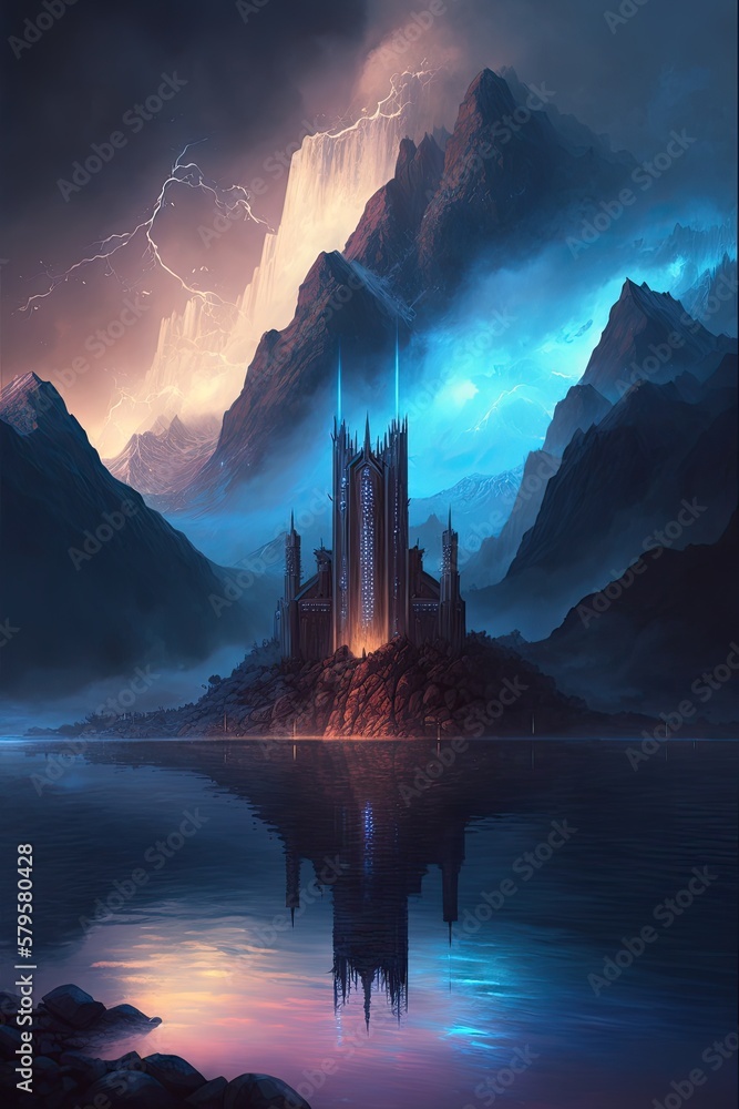 Futuristic alien planet palace. Temple on in a strange land. Glowing ...