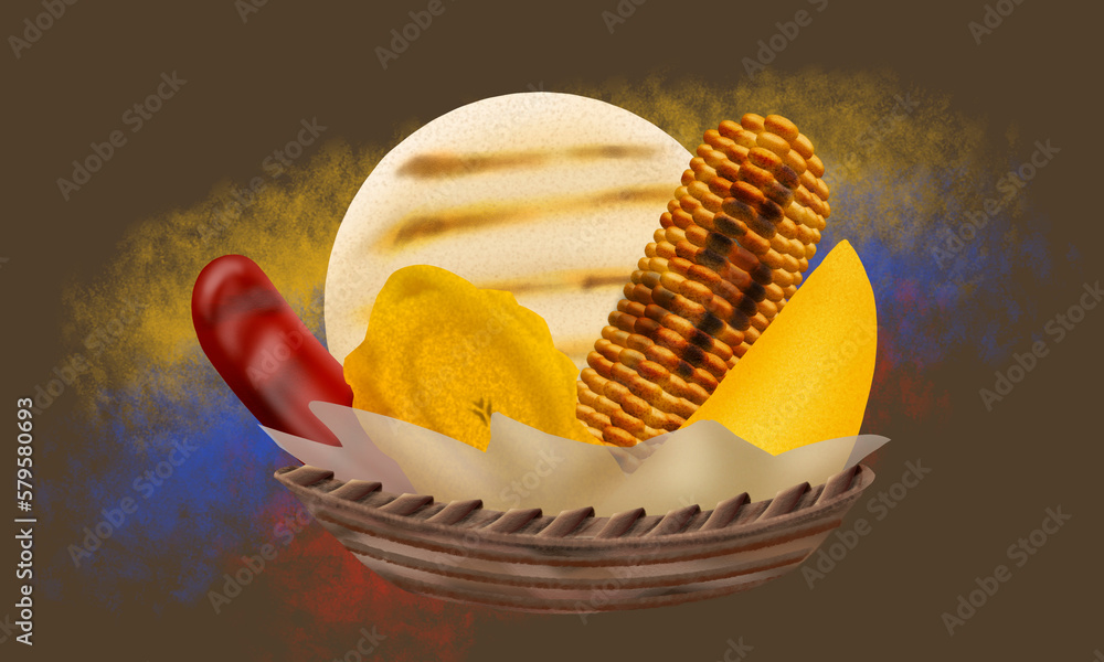 Comida tipica Colombiana Asada y Frita en una canasta con fondo de la ...